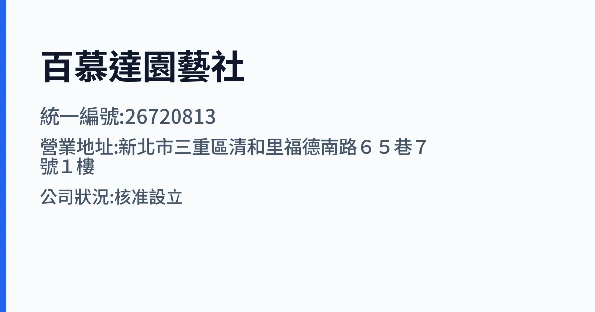 百慕達園藝社 - 統編 26720813(新北市) 公司登記資料與營業項目詳細圖表