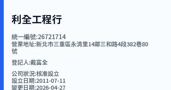 利全工程行的照片-統編 26721714(新北市) 公司登記資料與營業項目詳細圖表