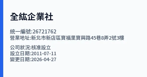 全紘企業社的照片-統編 26721762(新北市) 公司登記資料與營業項目詳細圖表