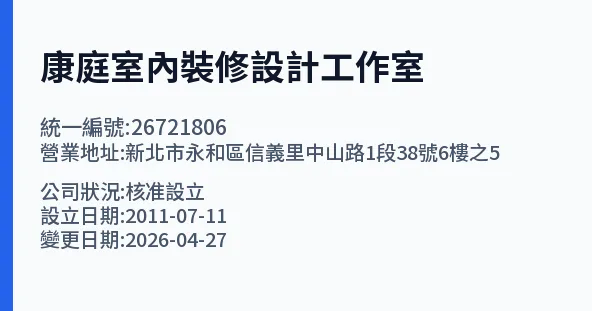 康庭室內裝修設計工作室的照片-統編 26721806(新北市) 公司登記資料與營業項目詳細圖表