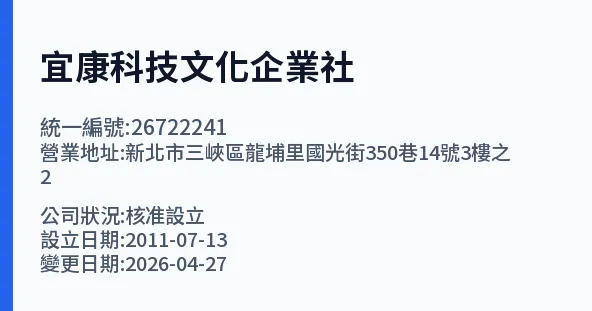 宜康科技文化企業社的照片-統編 26722241(新北市) 公司登記資料與營業項目詳細圖表