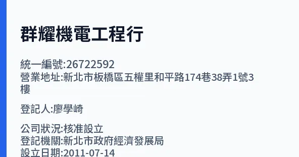 群耀機電工程行的照片-統編 26722592(新北市) 公司登記資料與營業項目詳細圖表