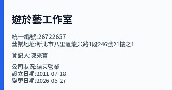 遊於藝工作室的照片-統編 26722657(新北市) 公司登記資料與營業項目詳細圖表