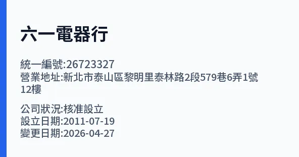 六一電器行的照片-統編 26723327(新北市) 公司登記資料與營業項目詳細圖表