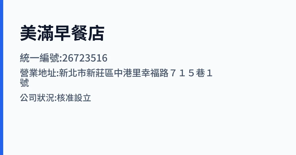 美滿早餐店 - 統編 26723516(新北市) 公司登記資料與營業項目詳細圖表
