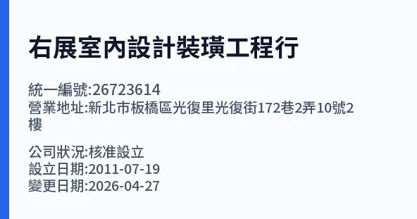 右展室內設計裝璜工程行的照片-統編 26723614(新北市) 公司登記資料與營業項目詳細圖表