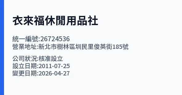 衣來福休閒用品社的照片-統編 26724536(新北市) 公司登記資料與營業項目詳細圖表