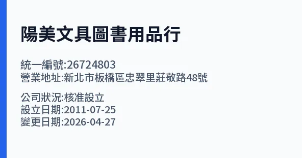 陽美文具圖書用品行的照片-統編 26724803(新北市) 公司登記資料與營業項目詳細圖表
