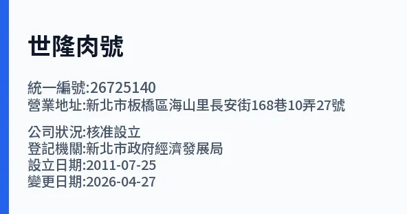 世隆肉號的照片-統編 26725140(新北市) 公司登記資料與營業項目詳細圖表