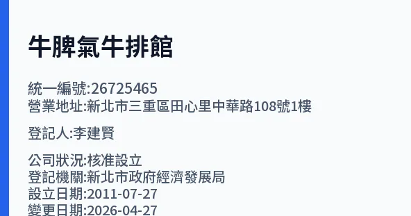 牛脾氣牛排館的照片-統編 26725465(新北市) 公司登記資料與營業項目詳細圖表
