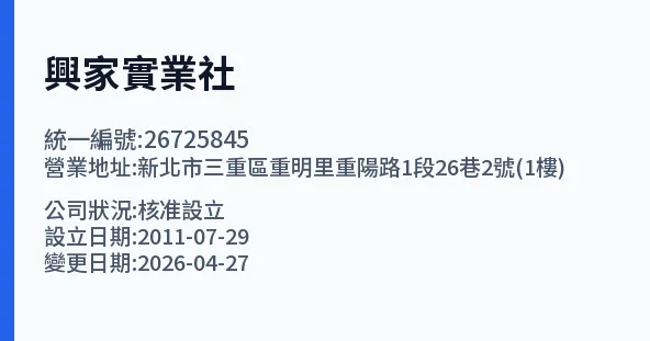 興家實業社的照片-統編 26725845(新北市) 公司登記資料與營業項目詳細圖表