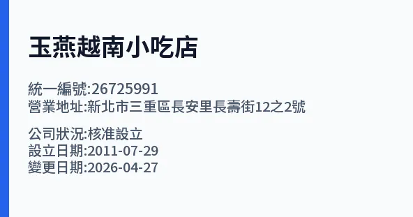 玉燕越南小吃店的照片-統編 26725991(新北市) 公司登記資料與營業項目詳細圖表