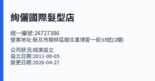 絢儷國際髮型店的照片-統編 26727386(新北市) 公司登記資料與營業項目詳細圖表