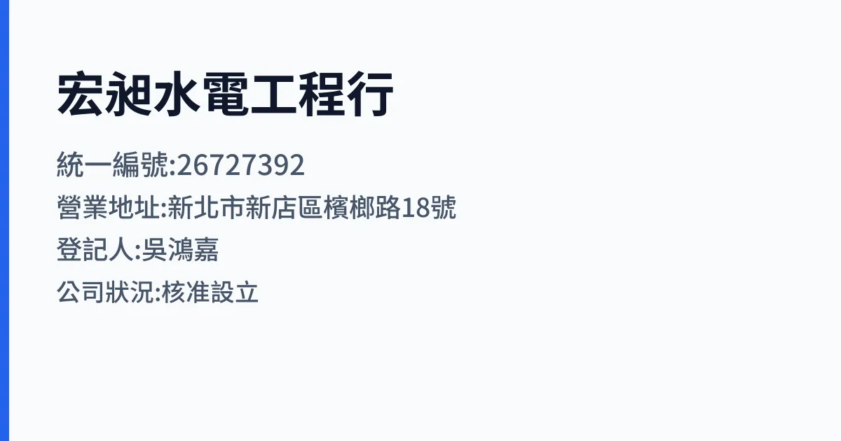 宏昶水電工程行 - 統編 26727392（新北市） 公司登記資料與營業項目詳細圖表