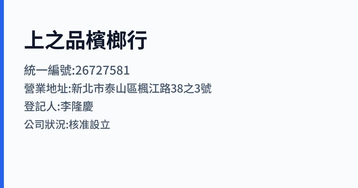 上之品檳榔行 - 統編 26727581(新北市) 公司登記資料與營業項目詳細圖表