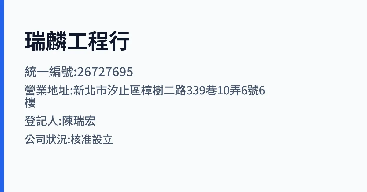 瑞麟工程行 - 統編 26727695(新北市) 公司登記資料與營業項目詳細圖表