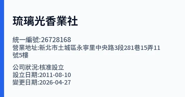 琉璃光香業社的照片-統編 26728168(新北市) 公司登記資料與營業項目詳細圖表