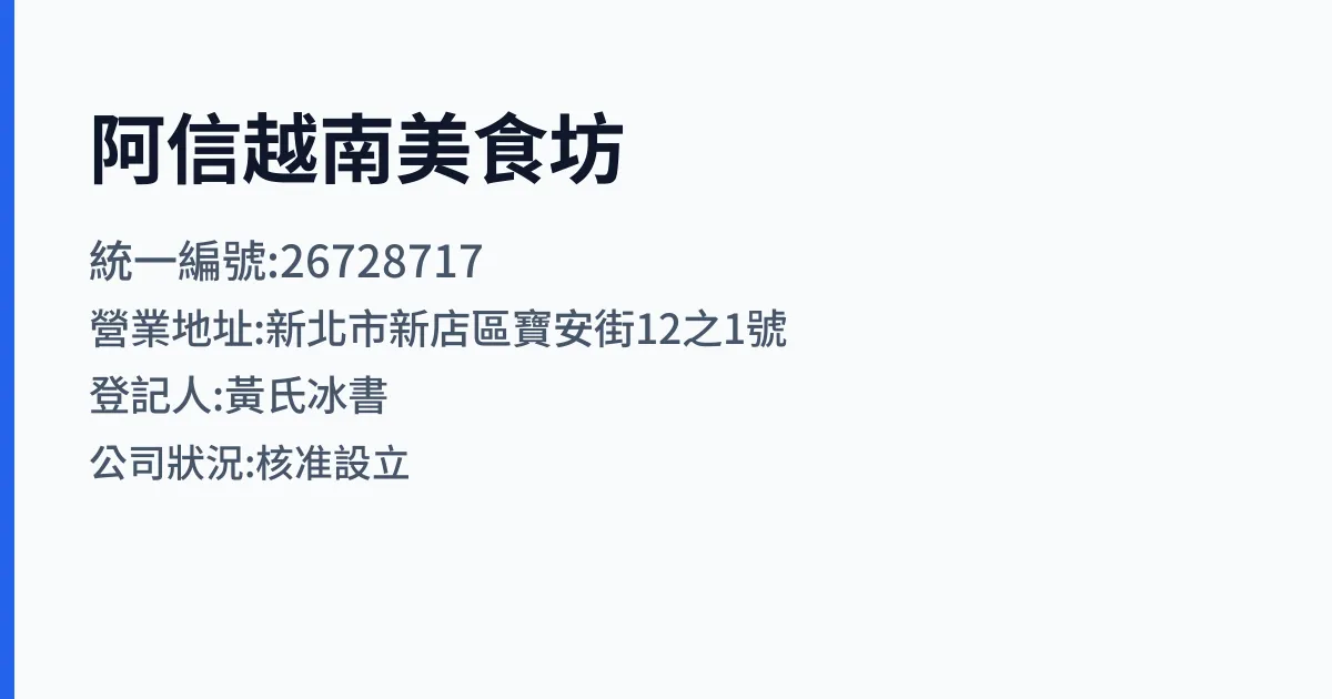 阿信越南美食坊 - 統編 26728717(新北市) 公司登記資料與營業項目詳細圖表