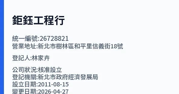 鉅鈺工程行的照片-統編 26728821(新北市) 公司登記資料與營業項目詳細圖表