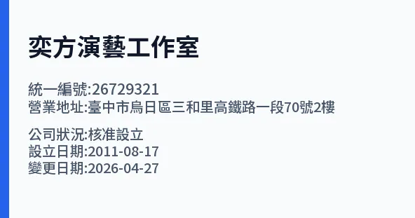 奕方演藝工作室的照片-統編 26729321(臺中市) 公司登記資料與營業項目詳細圖表