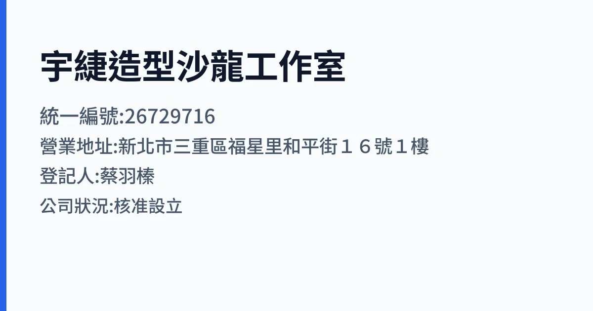 宇緁造型沙龍工作室 - 統編 26729716(新北市) 公司登記資料與營業項目詳細圖表
