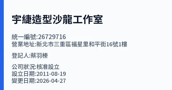 宇緁造型沙龍工作室的照片-統編 26729716(新北市) 公司登記資料與營業項目詳細圖表