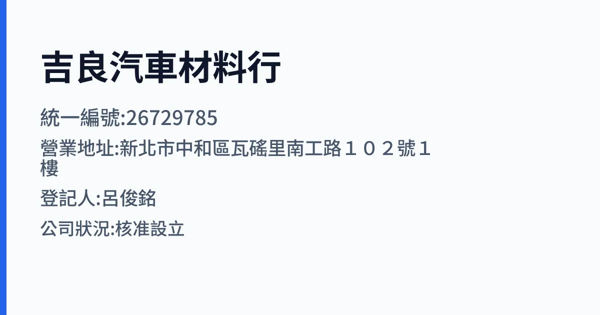 吉良汽車材料行 - 統編 26729785(新北市) 公司登記資料與營業項目詳細圖表