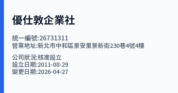 優仕敦企業社的照片-統編 26731311(新北市) 公司登記資料與營業項目詳細圖表