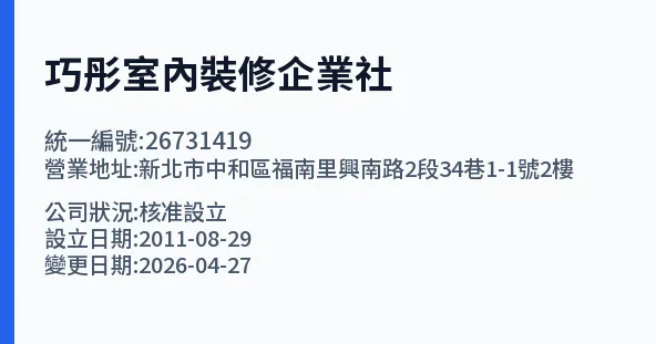巧彤室內裝修企業社的照片-統編 26731419(新北市) 公司登記資料與營業項目詳細圖表