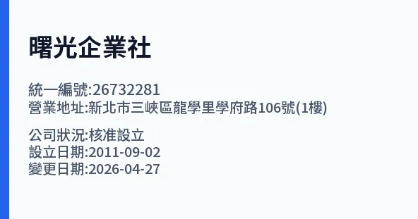 曙光企業社的照片-統編 26732281(新北市) 公司登記資料與營業項目詳細圖表