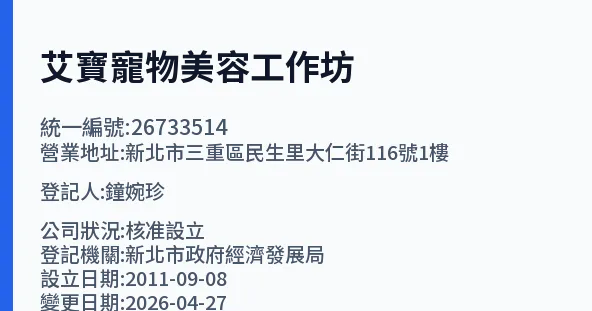 艾寶寵物美容工作坊的照片-統編 26733514(新北市) 公司登記資料與營業項目詳細圖表