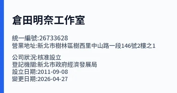 倉田明奈工作室的照片-統編 26733628(新北市) 公司登記資料與營業項目詳細圖表
