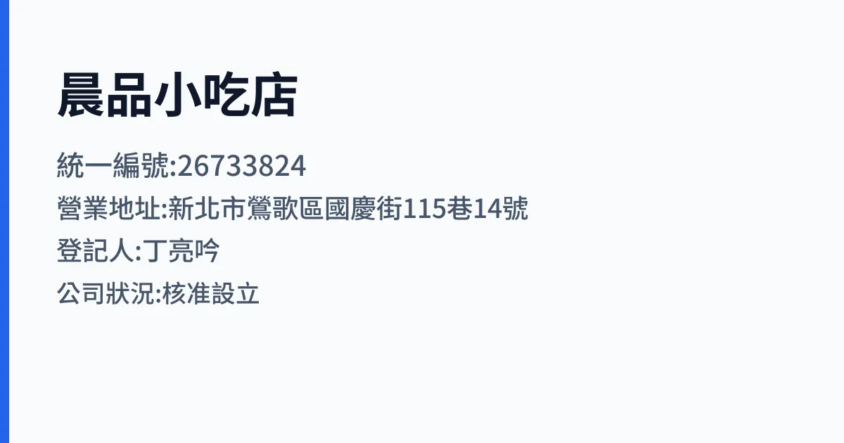 晨品小吃店 - 統編 26733824(新北市) 公司登記資料與營業項目詳細圖表
