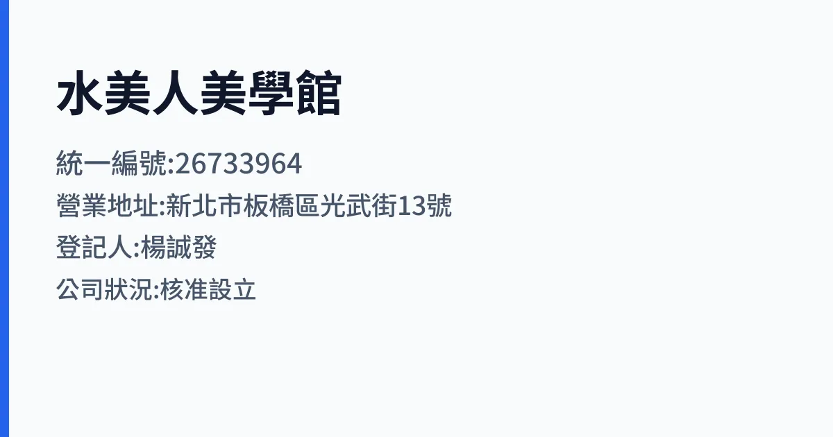 水美人美學館 - 統編 26733964(新北市) 公司登記資料與營業項目詳細圖表