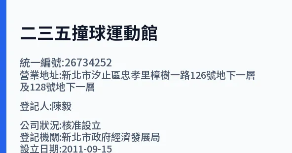 二三五撞球運動館的照片-統編 26734252(新北市) 公司登記資料與營業項目詳細圖表
