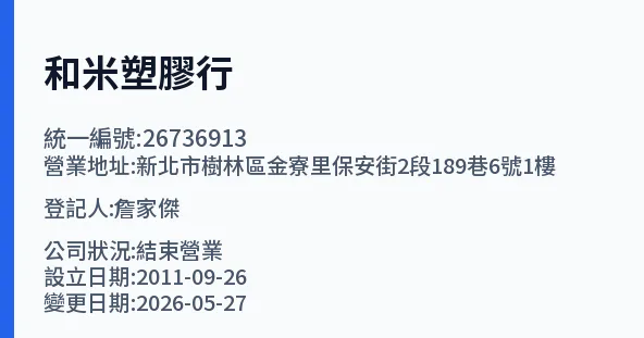 和米塑膠行的照片-統編 26736913(新北市) 公司登記資料與營業項目詳細圖表