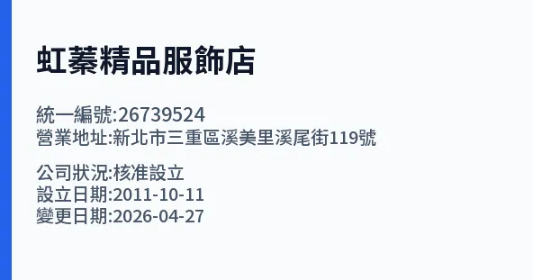 虹蓁精品服飾店的照片-統編 26739524(新北市) 公司登記資料與營業項目詳細圖表