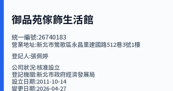 御品苑傢飾生活館的照片-統編 26740183(新北市) 公司登記資料與營業項目詳細圖表