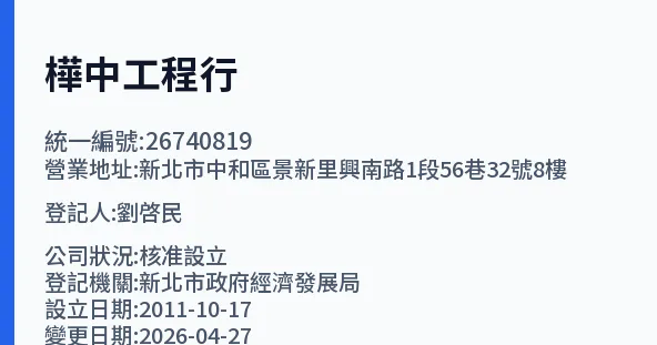 樺中工程行的照片-統編 26740819(新北市) 公司登記資料與營業項目詳細圖表
