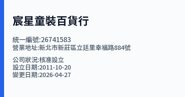 宸星童裝百貨行的照片-統編 26741583(新北市) 公司登記資料與營業項目詳細圖表