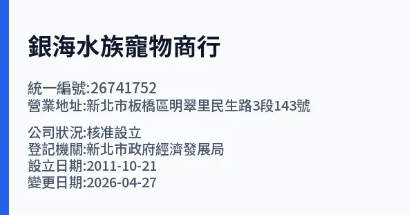 銀海水族寵物商行的照片-統編 26741752(新北市) 公司登記資料與營業項目詳細圖表