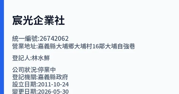 宸光企業社的照片-統編 26742062(嘉義縣) 公司登記資料與營業項目詳細圖表