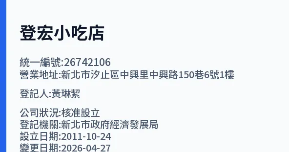 登宏小吃店的照片-統編 26742106(新北市) 公司登記資料與營業項目詳細圖表