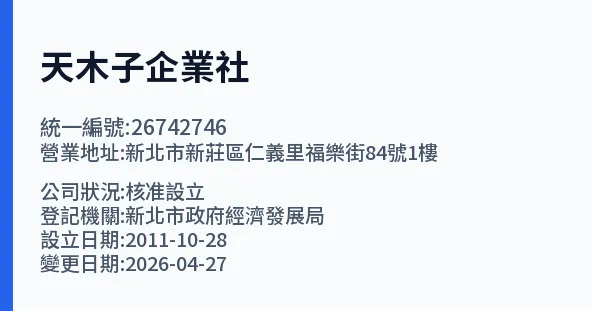 天木子企業社的照片-統編 26742746(新北市) 公司登記資料與營業項目詳細圖表