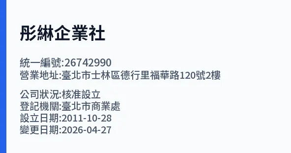 彤綝企業社的照片-統編 26742990(臺北市) 公司登記資料與營業項目詳細圖表