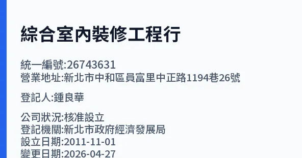 綜合室內裝修工程行的照片-統編 26743631(新北市) 公司登記資料與營業項目詳細圖表