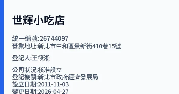 世輝小吃店的照片-統編 26744097(新北市) 公司登記資料與營業項目詳細圖表