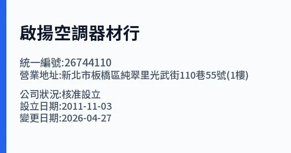 啟揚空調器材行的照片-統編 26744110(新北市) 公司登記資料與營業項目詳細圖表