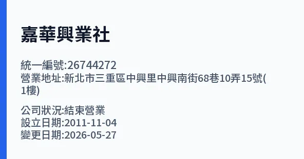 嘉華興業社的照片-統編 26744272(新北市) 公司登記資料與營業項目詳細圖表
