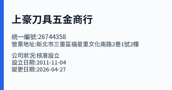 上豪刀具五金商行的照片-統編 26744358(新北市) 公司登記資料與營業項目詳細圖表